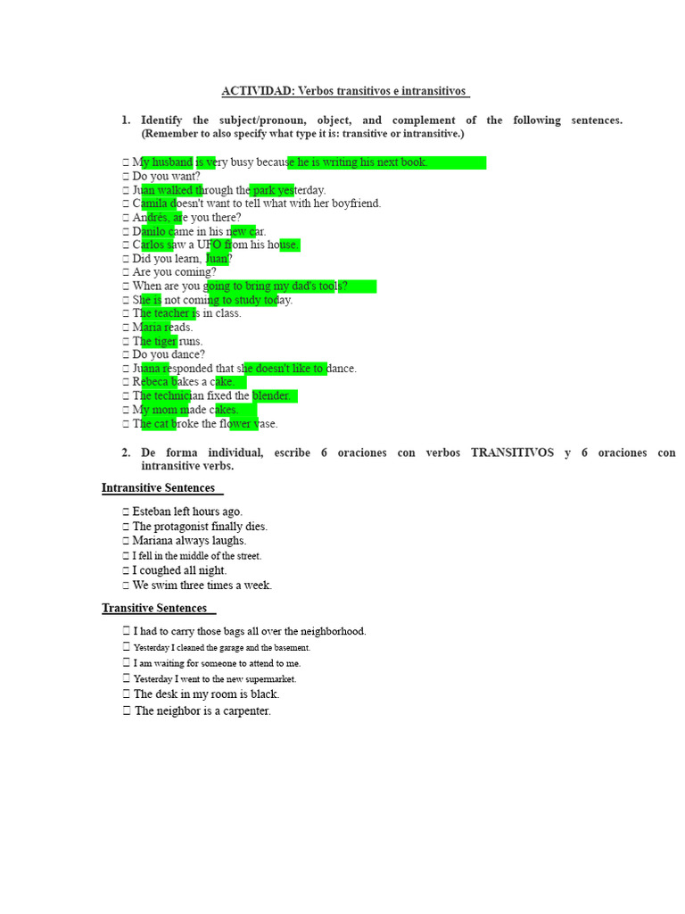 ACTIVITY - Transitive and Intransitive Verbs PDF | PDF