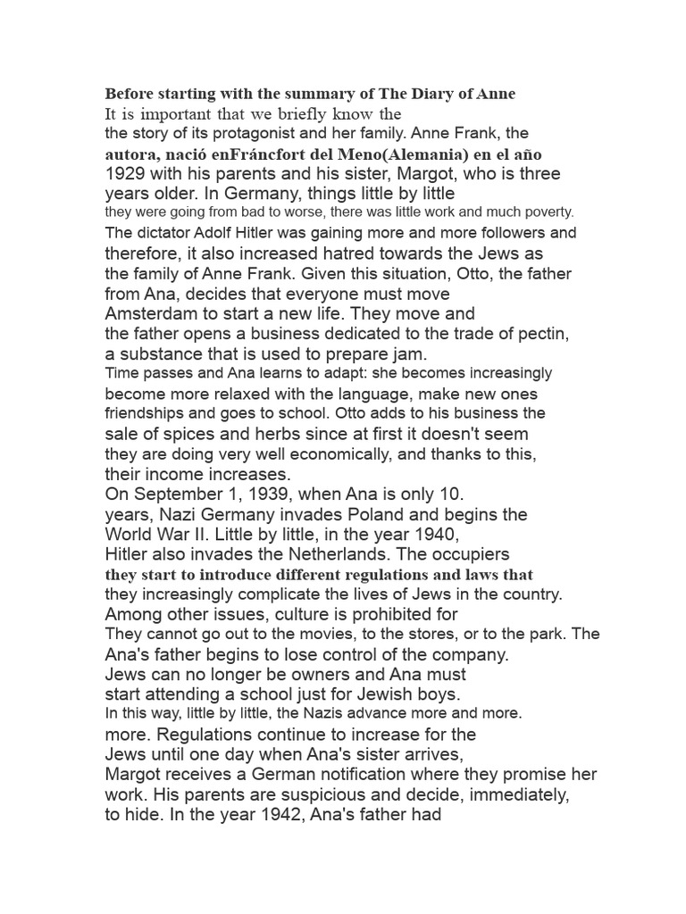 Summary of The Diary of Anne Frank | PDF | Anne Frank | The Holocaust