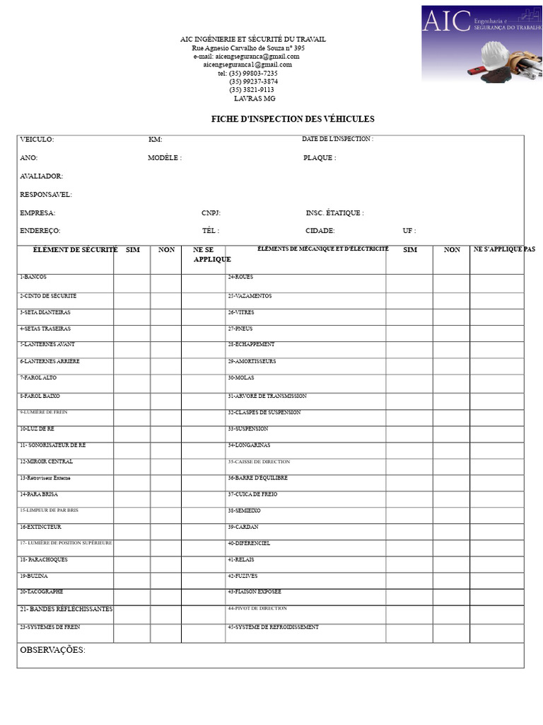 Fiche d'Inspection des Véhicules AIC | PDF | Véhicules à traction ...