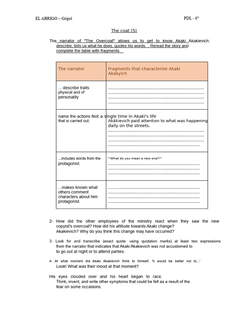 ACTIVITIES The Coat | PDF