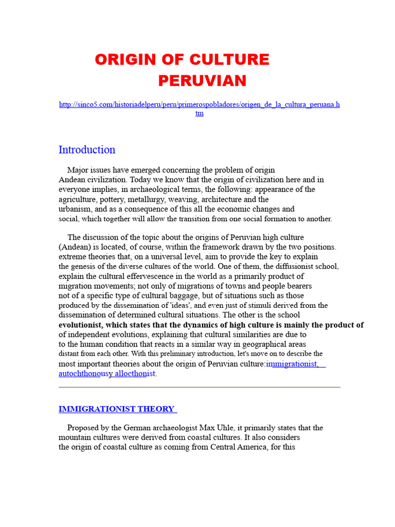 Theories on the Origin of Peruvian Culture | PDF | Peru | Ecuador
