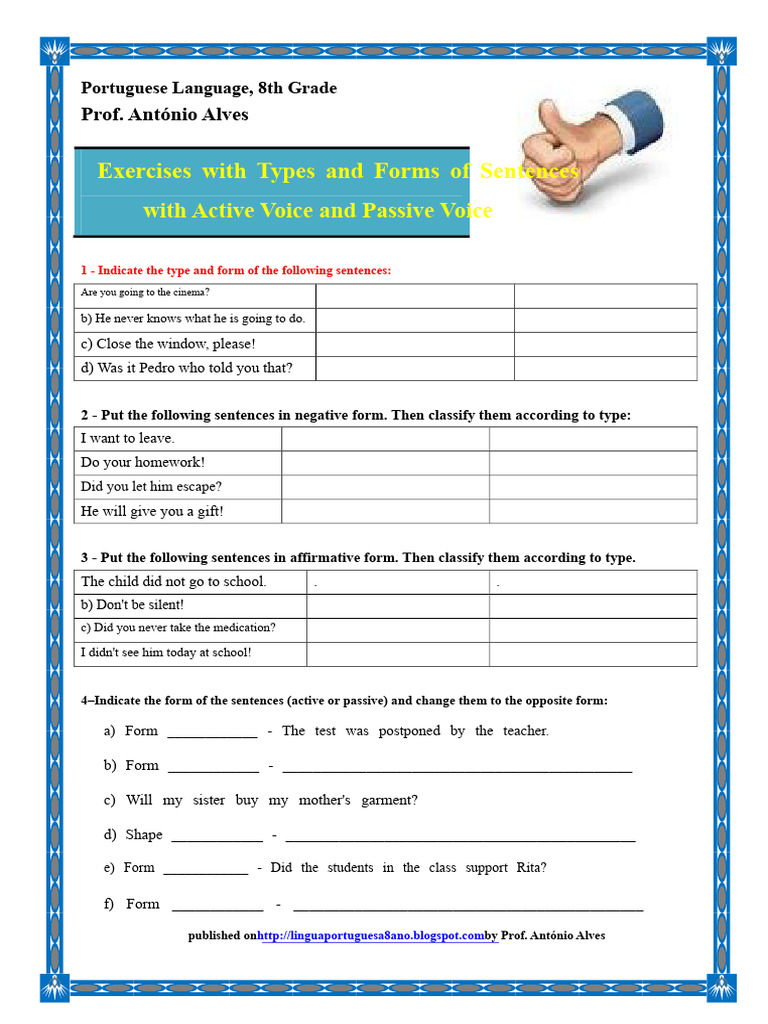 Types and Forms of Sentence + Active and Passive Voice - Exercises ...