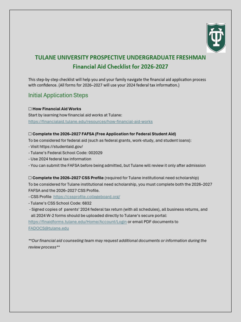 Tulane Financial Aid Checklist 2026-2027 | PDF | Student Financial Aid ...