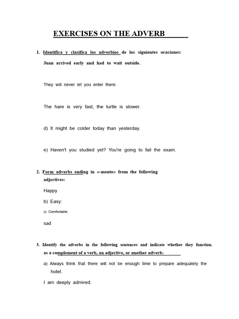 Exercises On The Adverb | PDF