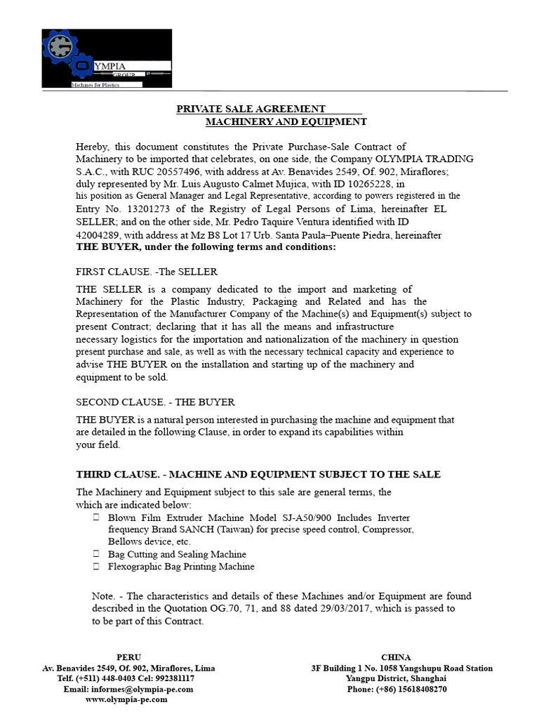 Private Sale Agreement for Machinery | PDF | Lima | Private Law