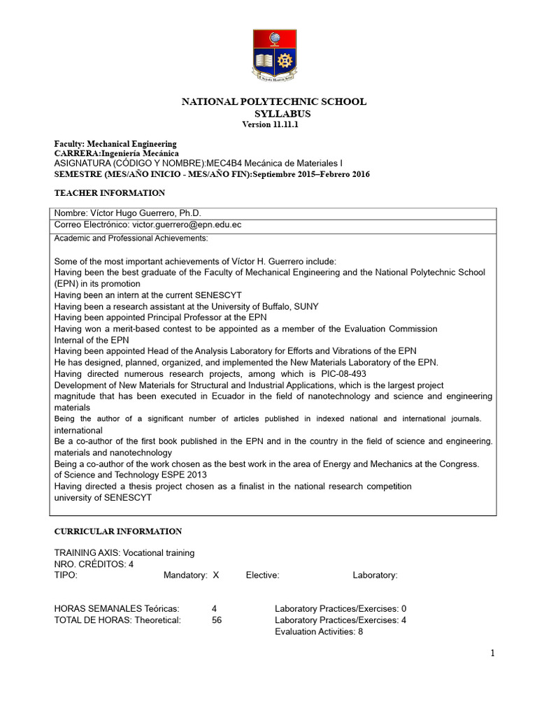Mechanical Materials Syllabus EPN | PDF | Beam (Structure) | Bending