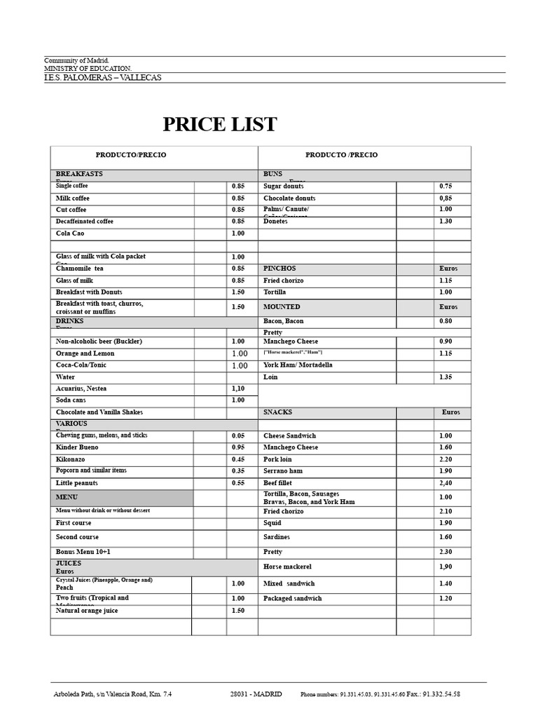CAFETERIA Product and Price List | PDF | Drink | Doughnut