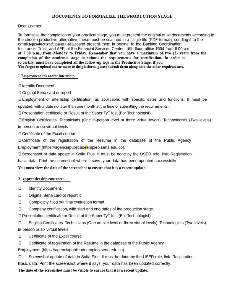 Requirements For Certification at Sena - Productive Stage (2019) | PDF ...
