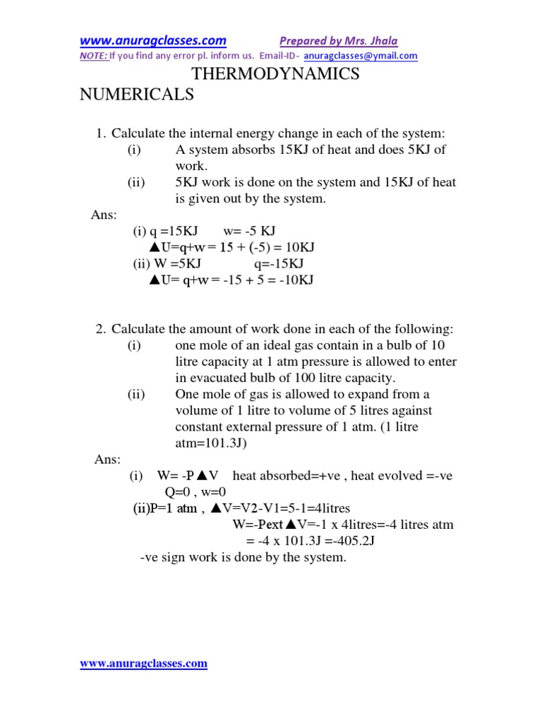 Thermodynamics Numericals | PDF | Heat | Enthalpy