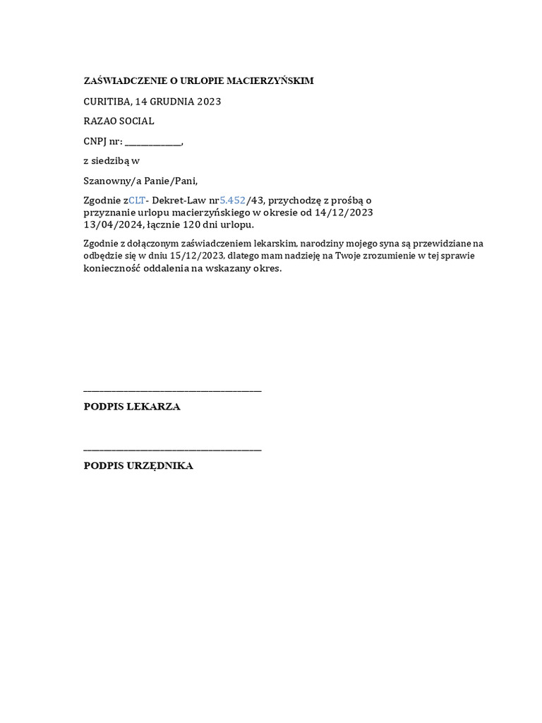 Wzór Podania o Urlop Macierzyński | PDF