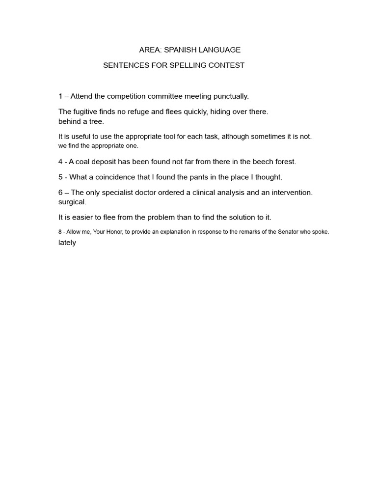 Spelling Contest Sentences - Language | PDF