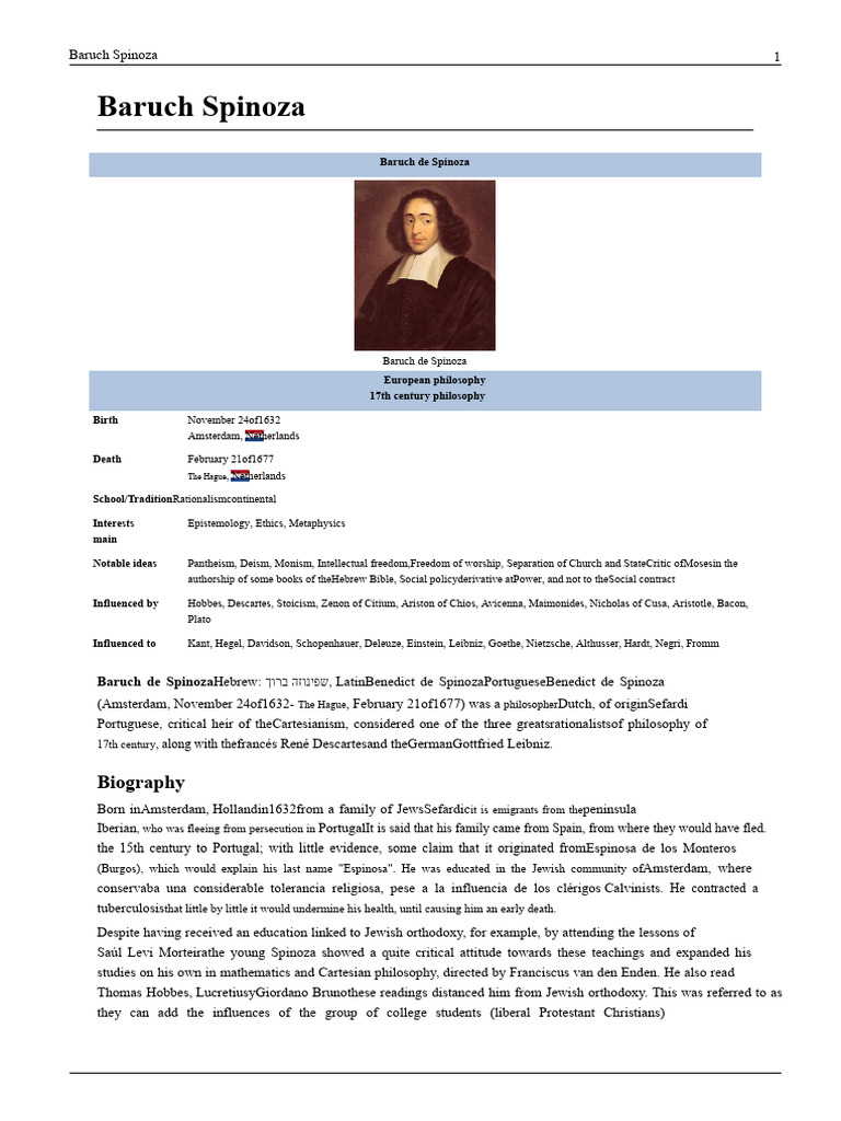 Biography of Baruch Spinoza | PDF | Baruch Spinoza | Metaphysics
