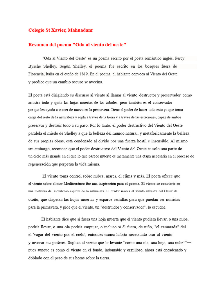 Colegio ST Xavier, Mahuadanr Resumen Del Poema "Oda Al Viento Del Oeste ...