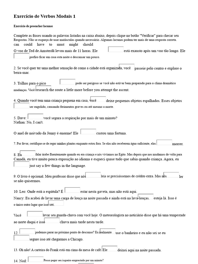 Exercícios de Verbos Modais: Preenchimento | PDF