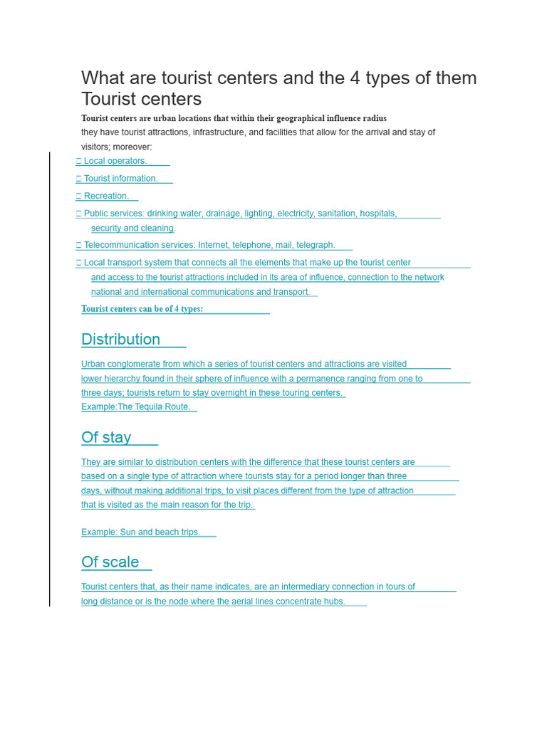 Types of Tourist Centers Explained | PDF | Tourism