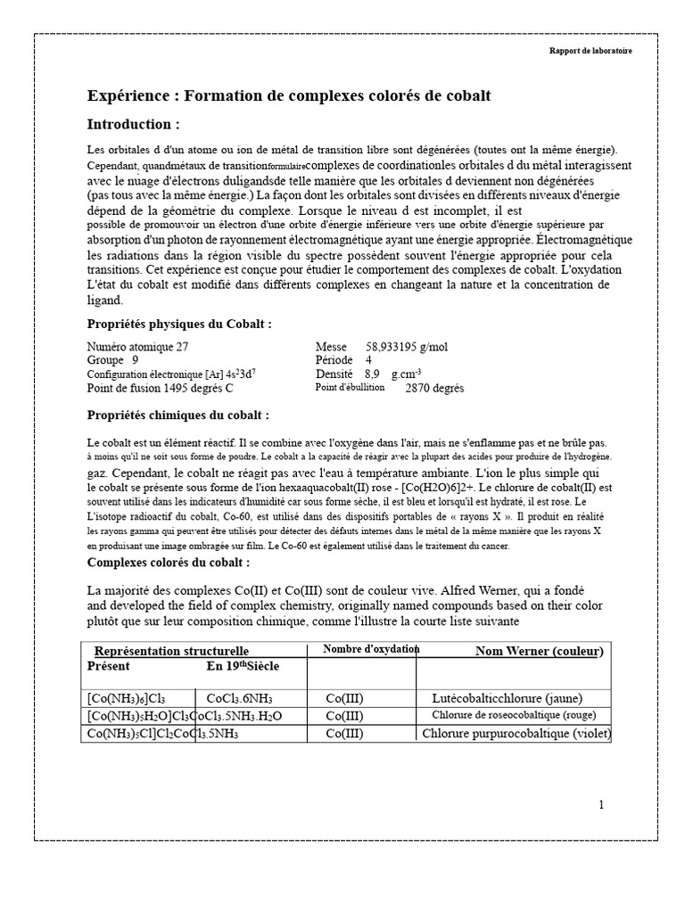 Formation de Complexes Colorés Du Cobalt | PDF | Cobalt | Métal de ...