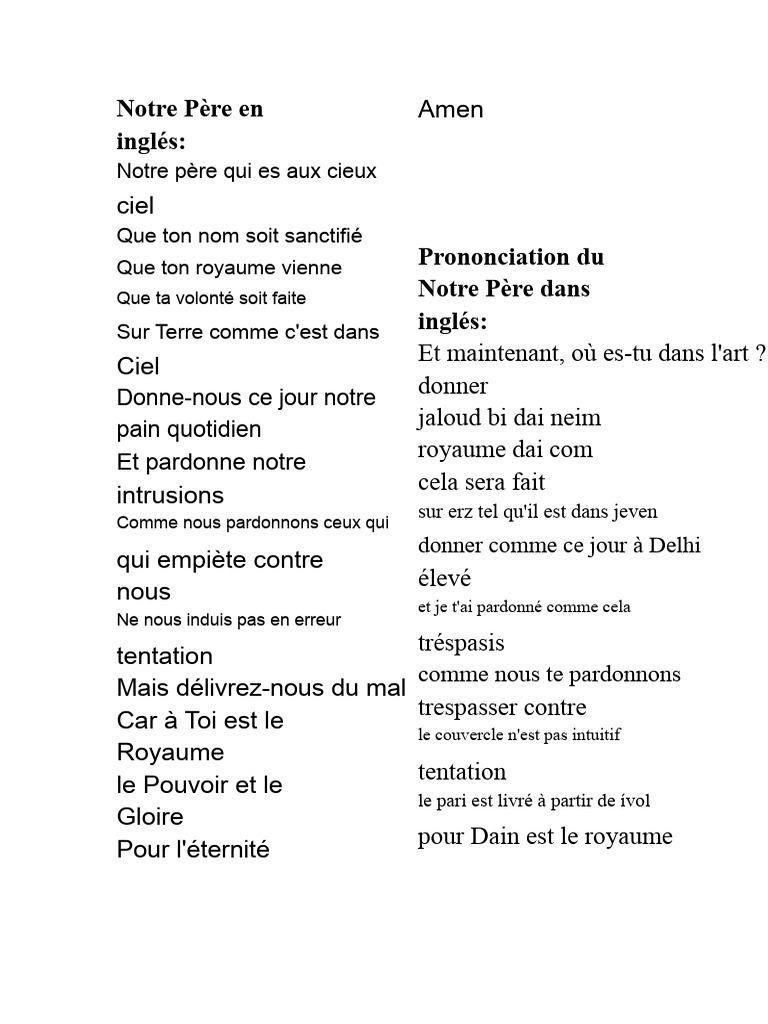 Notre Père en anglais : texte et prononciation | PDF