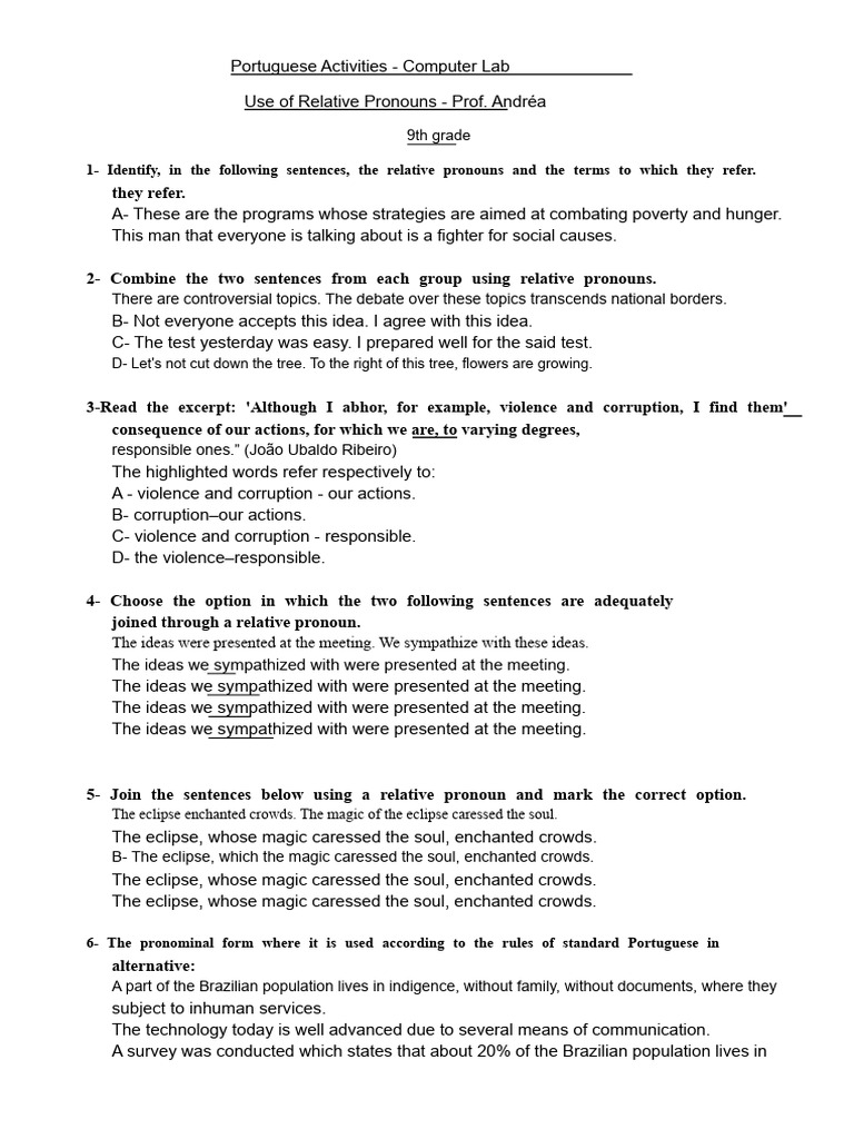 Use of Relative Pronouns Portuguese Exercises Computer Lab | PDF