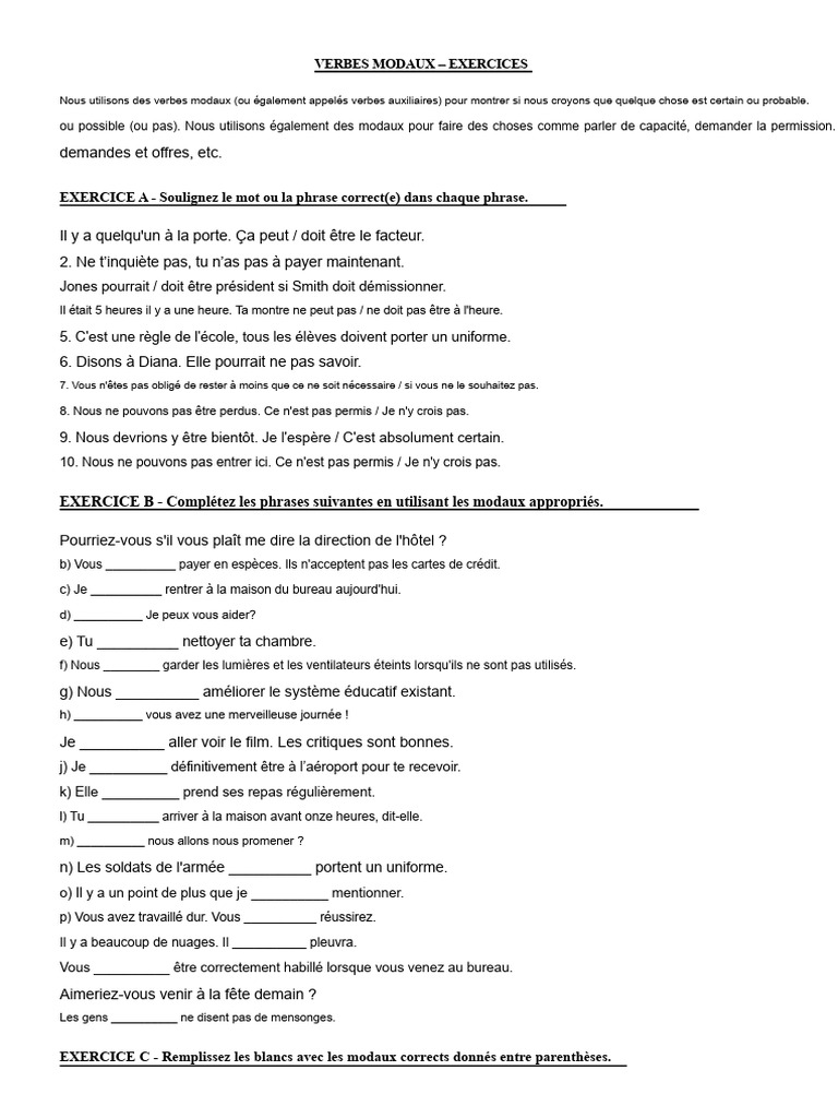 Exercices sur les verbes modaux | PDF | Verbe | Grammaire