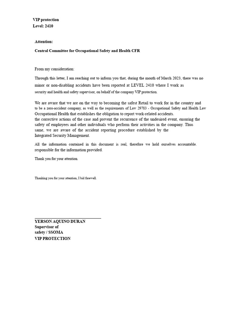 Letter Zero Accidents - Tacna | PDF
