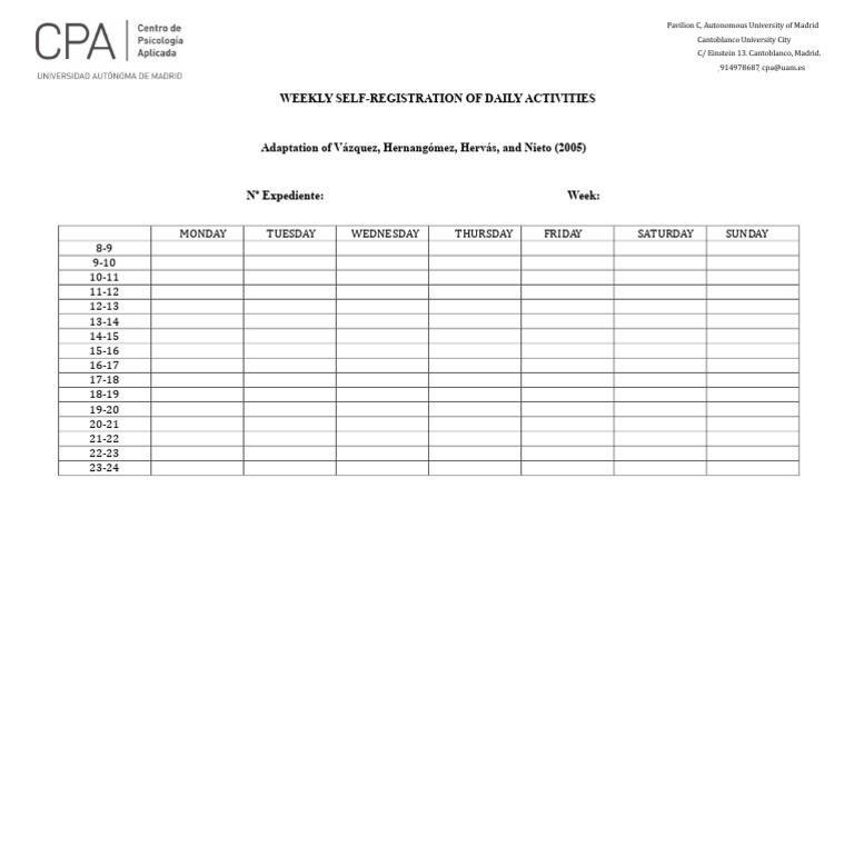 Weekly Self Registration Daily Activities PDF | PDF