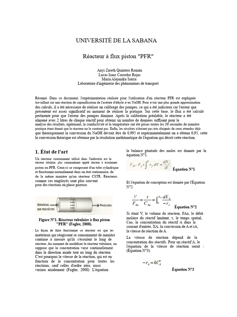 Expérimentation sur un réacteur PFR | PDF | Réacteur (chimie ...