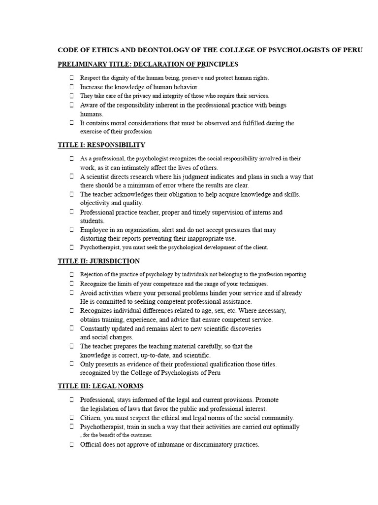 Code of Ethics and Deontology of The College of Psychologists of Peru ...
