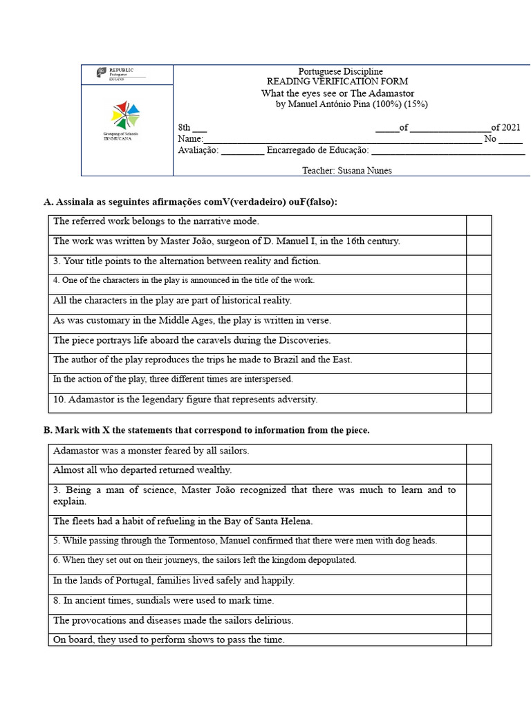Reading Verification Sheet What The Eyes See or The Adamastor | PDF ...