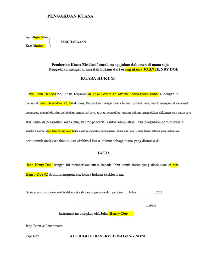 Kuasa Hukum Eksklusif John Henry Doe | PDF