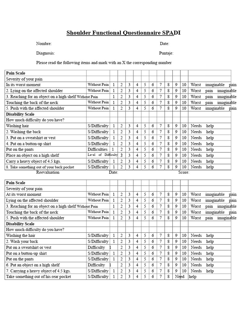 Shoulder Functional Questionnaire | PDF | Questionnaire | Pain