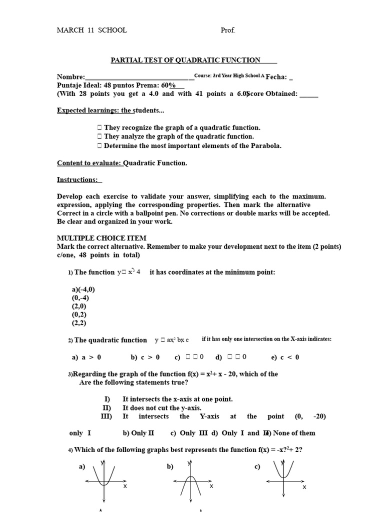 Quadratic Function Test | PDF | Function (Mathematics) | Multiple Choice