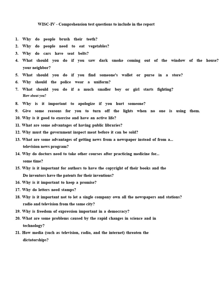 WISC-IV Comprehension Test Questions | PDF