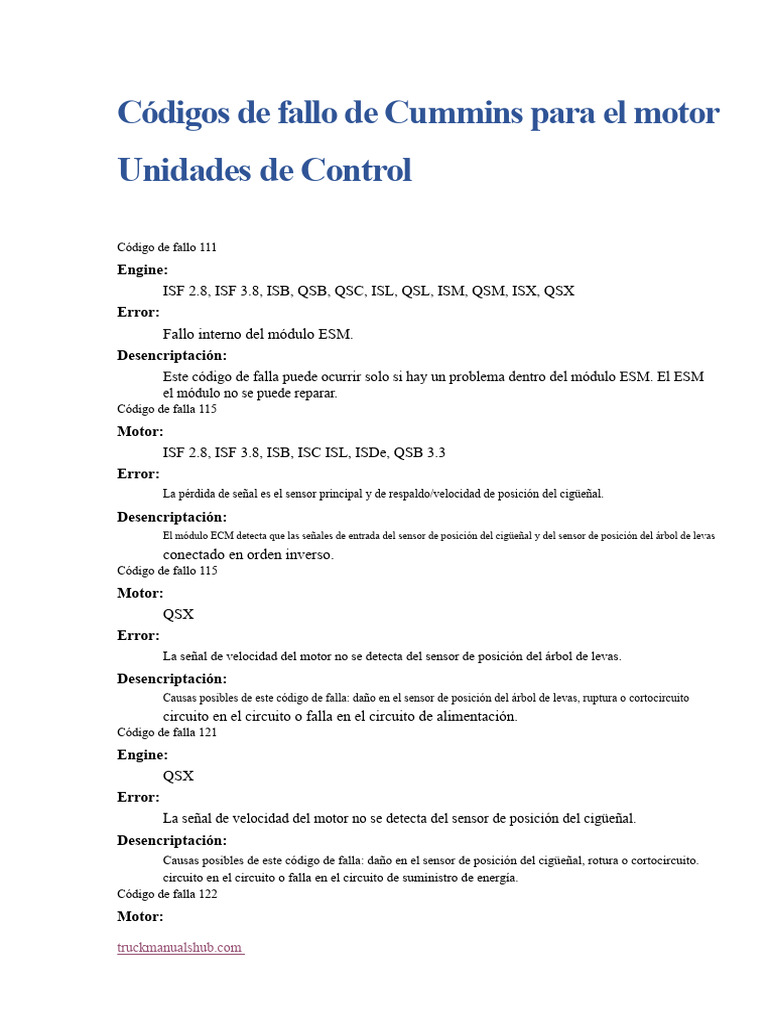 Códigos de falla del motor Cummins ISF 2.8, ISB, ISC, ISLe, 4ISBe, 6ISBe, ISDe, ISM, QSM, ISX ...