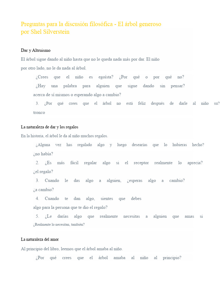 Preguntas de Discusión para El Árbol Generoso | PDF | Amor