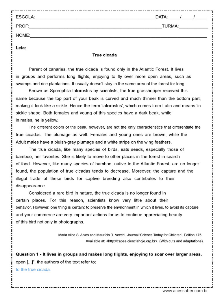 Text Interpretation - True Cicada - 6th Grade - Answers | PDF | Feather ...