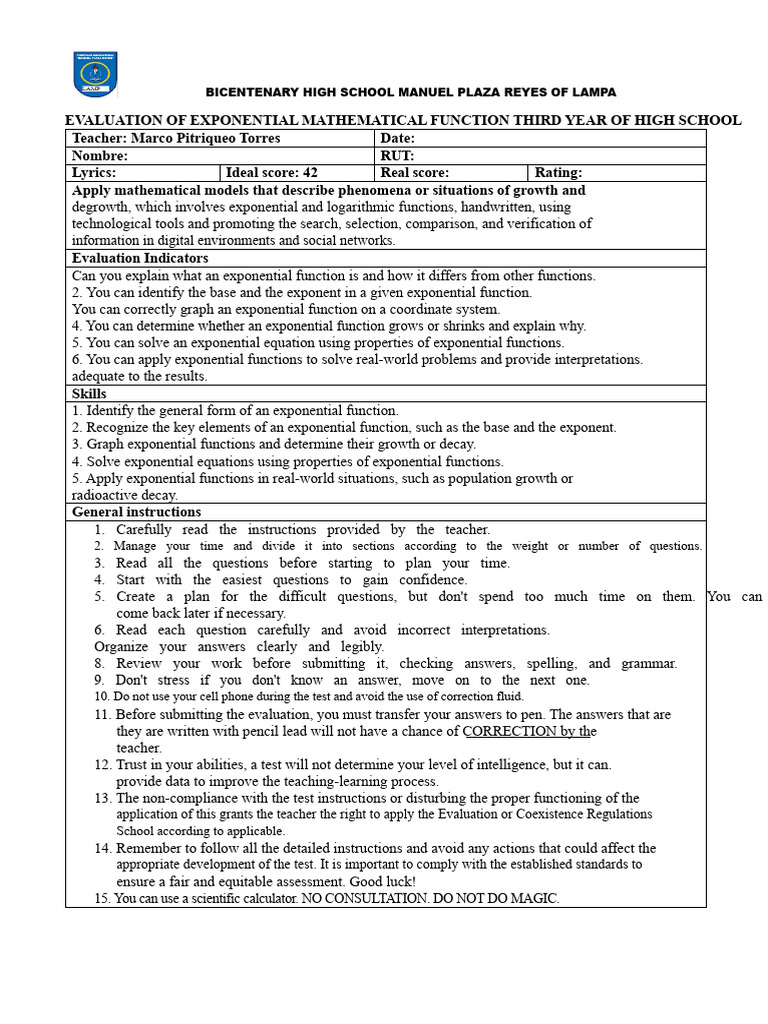 Evaluation of Exponential Function Third Year High School D - e | PDF ...