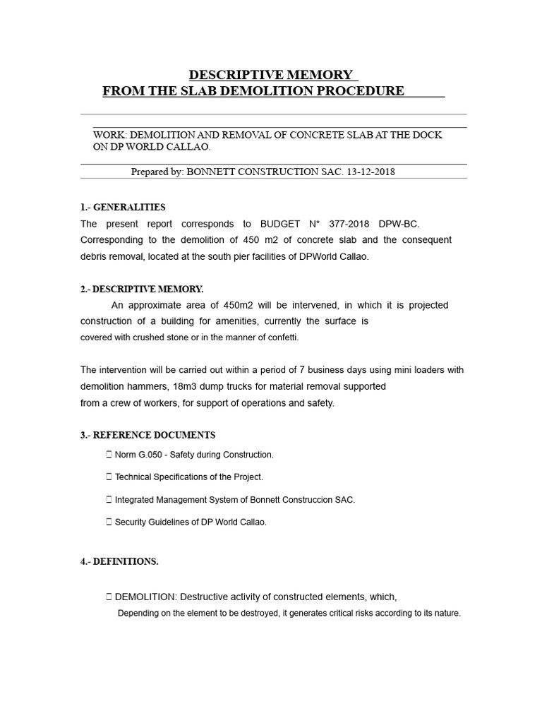 Descriptive Memory of The Slab Demolition Procedure | PDF | Demolition ...