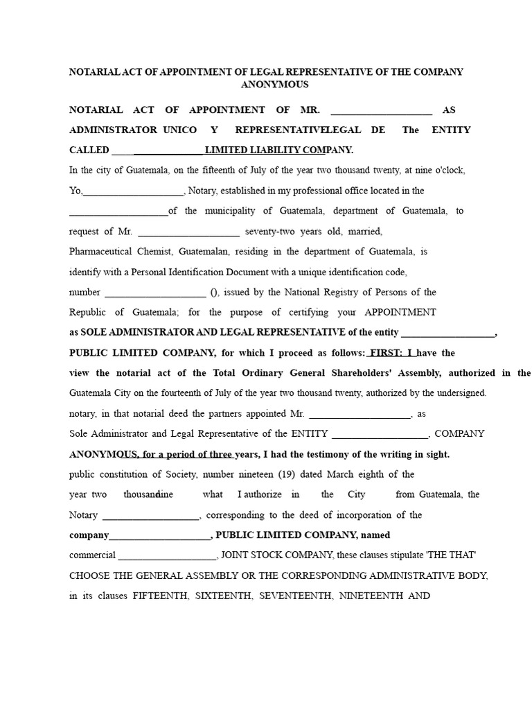 Notarial Deed of Appointment of Legal Representative Anonymous Society ...