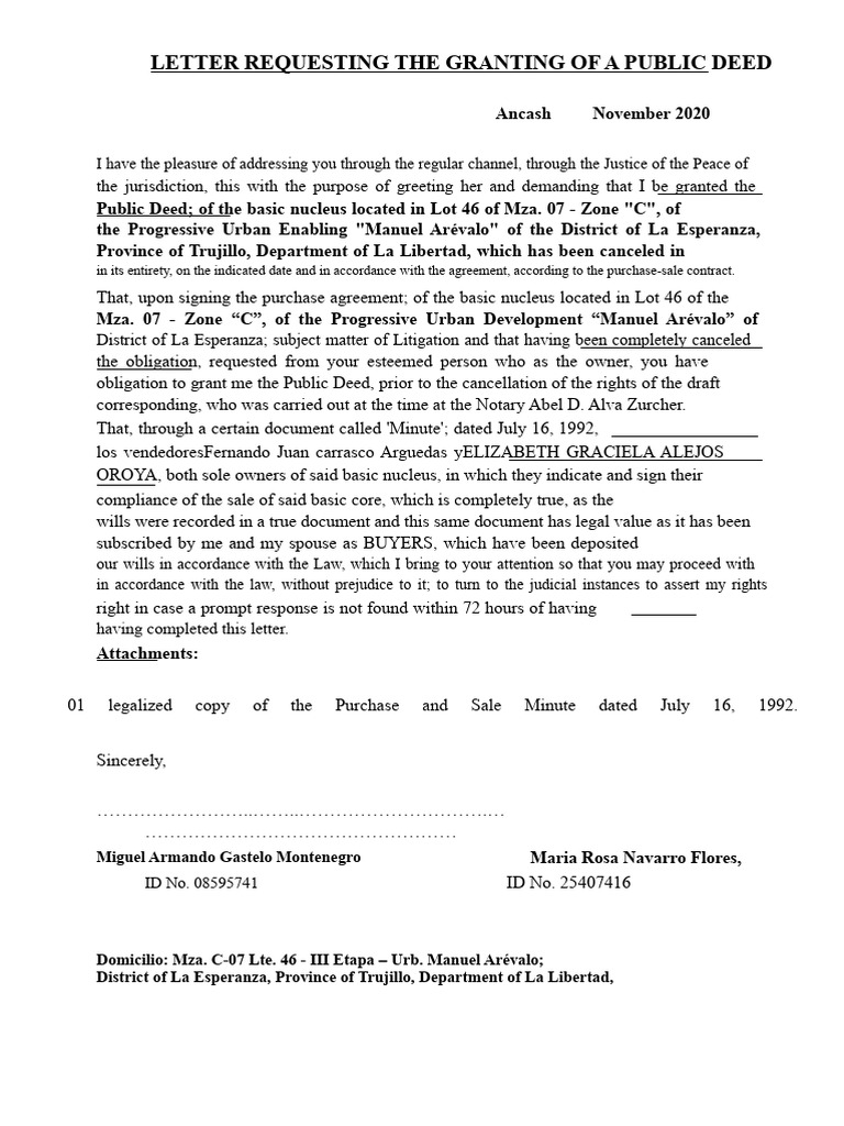 Letter Requesting The Granting of A Public Deed | PDF | Deed | Civil ...