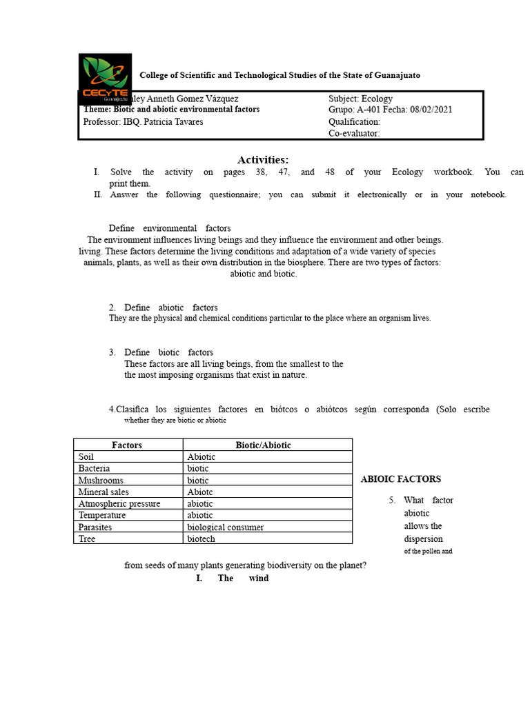 Activity. Biotic and Abiotic Environmental Factors | PDF | Ecosystem ...
