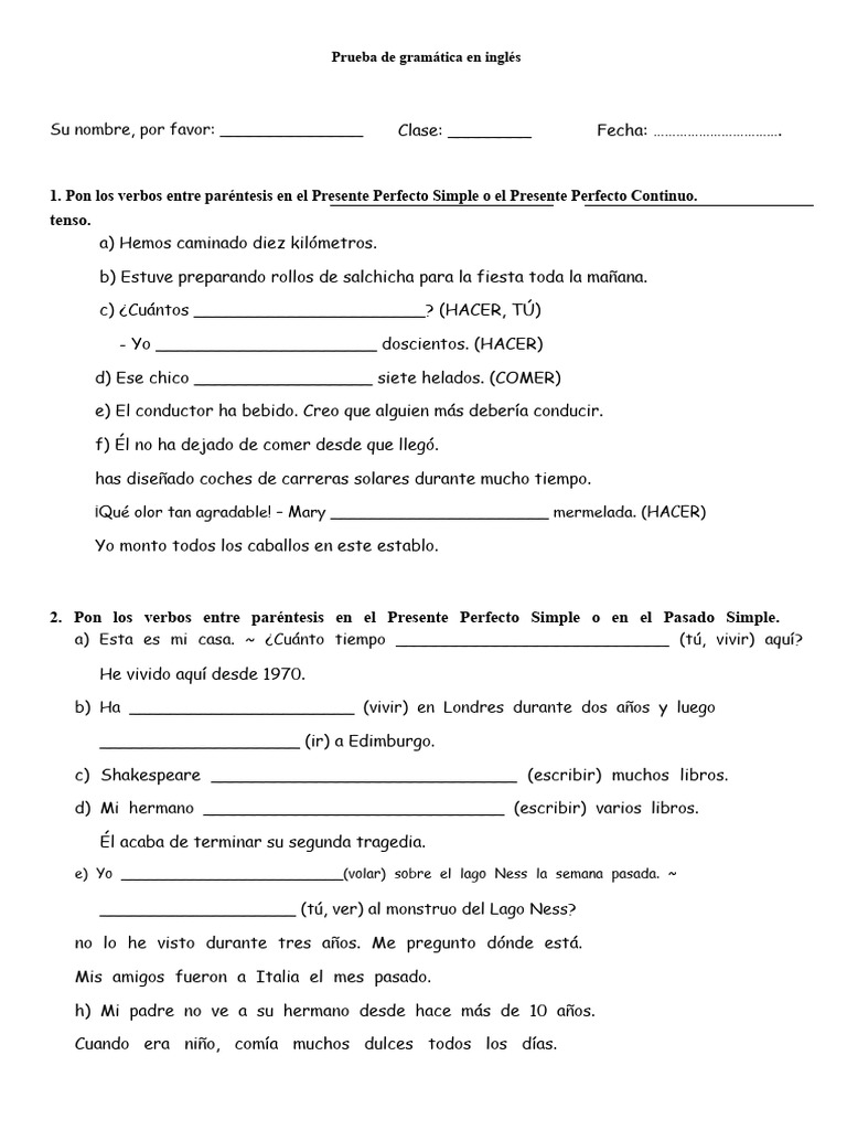 Prueba de Gramática en Inglés | PDF | Verbo