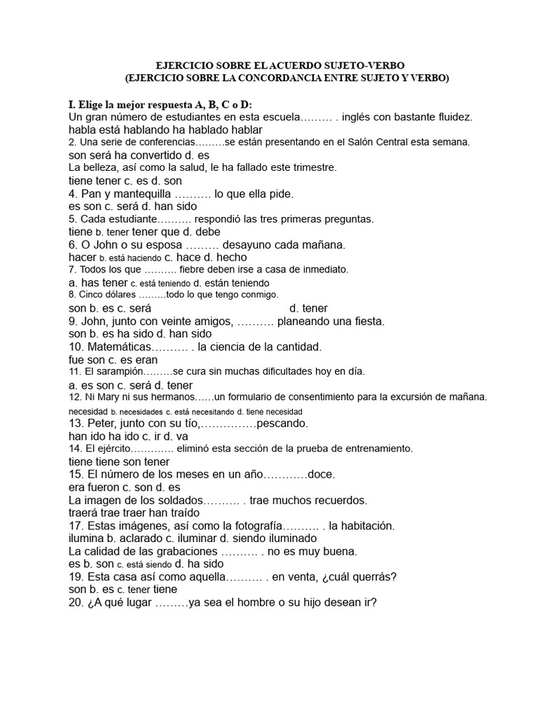 Ejercicio de Concordancia Sujeto-Verbo | PDF | Verbo