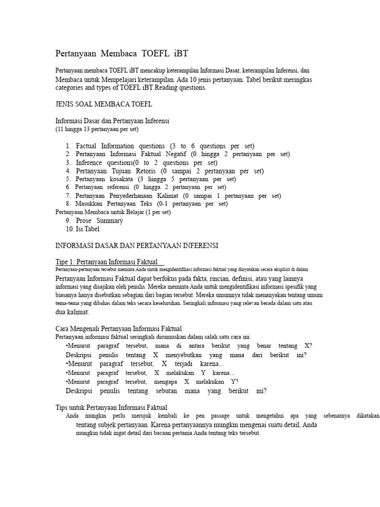 Jenis Pertanyaan Membaca TOEFL iBT | PDF