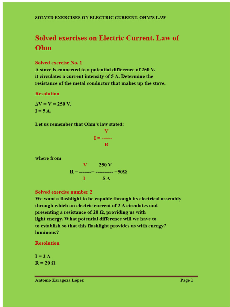 Solved Exercises on Electric Current Ohm's Law | PDF | Electric Current ...