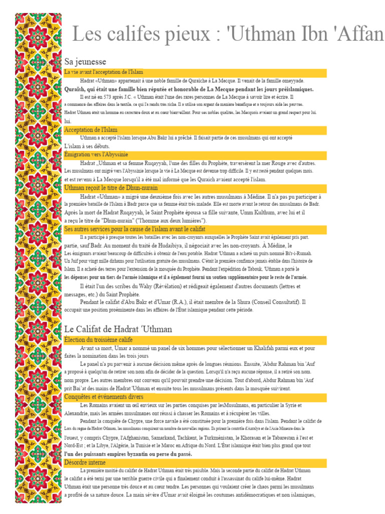 Hadrat Uthman : Vie et Califat | PDF | Califat | Coran