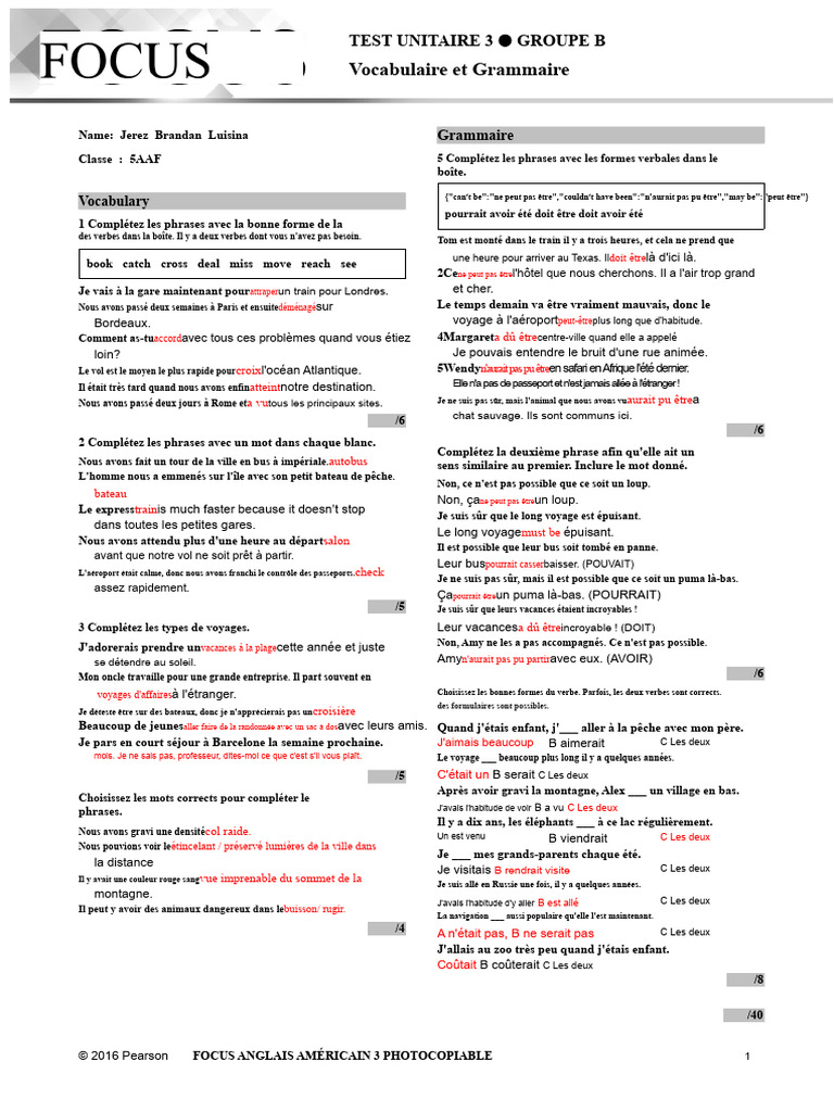 Test Unitaire 3 : Vocabulaire et Grammaire | PDF | Verbe | Linguistique