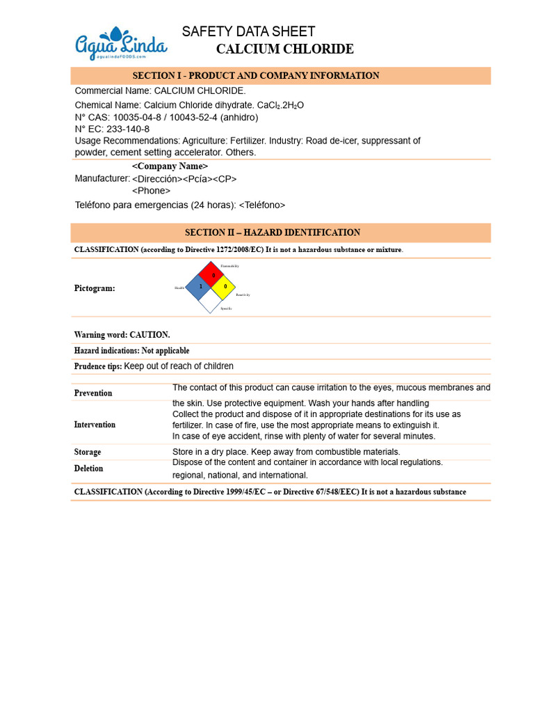 Calcium chloride safety data sheet | PDF | Dangerous Goods ...