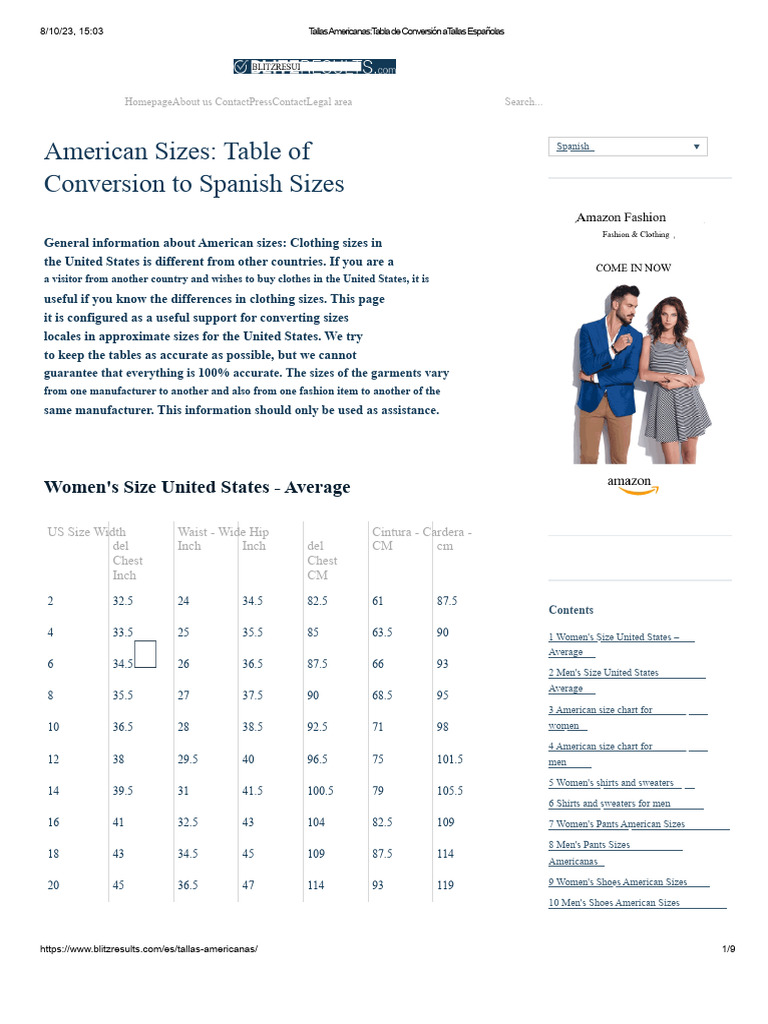 American to Spanish Size Conversion Guide | PDF | Softlines (Retail ...