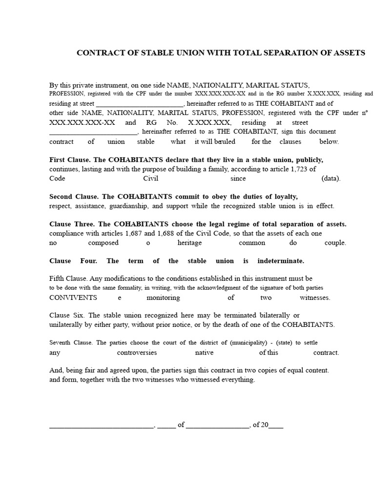 Contract of Stable Union With Total Separation of Assets | PDF ...