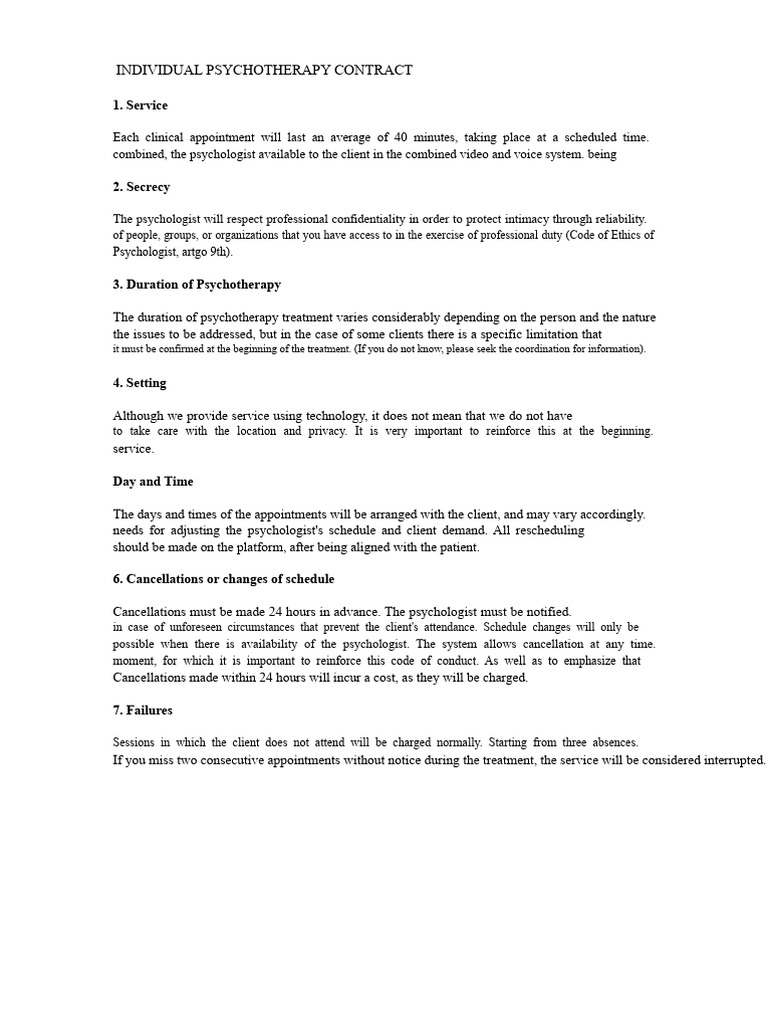 Individual Psychotherapy Contract Details | PDF